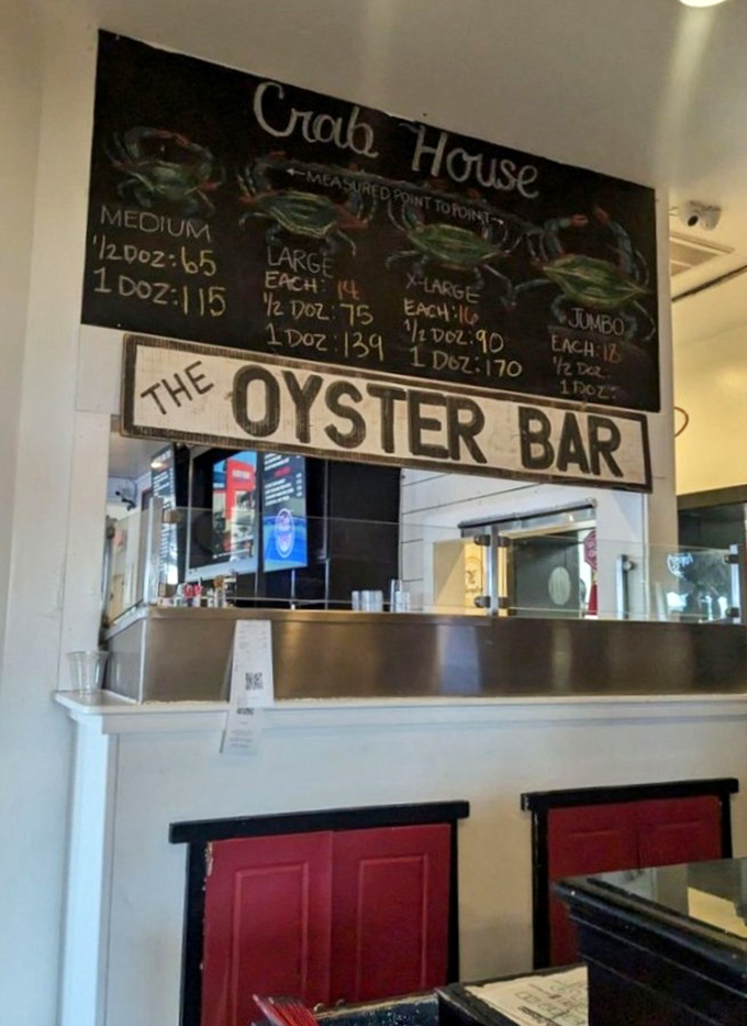 The oyster bar stands ready for action, where mollusks meet their delicious destiny with style.