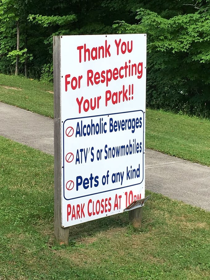 The politely worded park rules sign. Even restrictions sound friendlier in Ohio, though the pets might disagree with that particular rule.