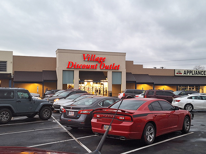 Even on a rainy day, the parking lot fills with devotees making their pilgrimage to the temple of thrift.
