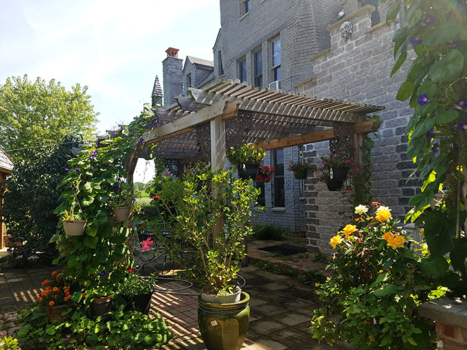 The castle's garden patio blends stonework with vibrant blooms, creating an outdoor sanctuary where medieval meets horticultural magnificence.