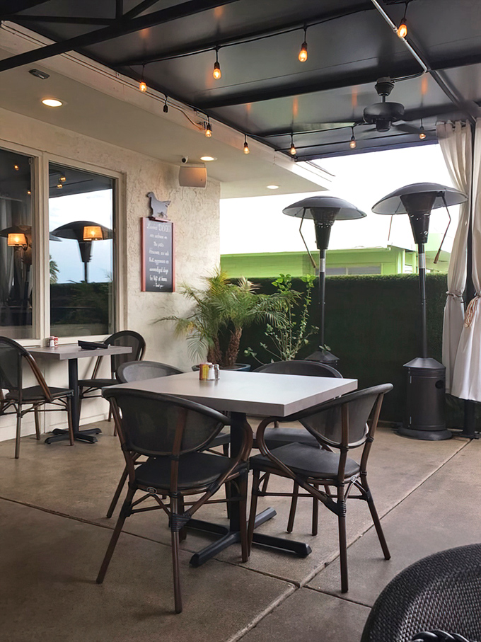 String lights and modern furniture create an inviting patio oasis perfect for lingering over exceptional Mexican fare.