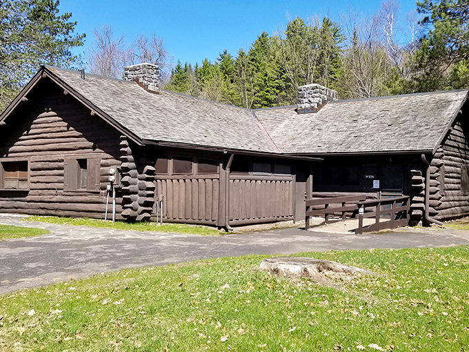 Log cabin architecture that would make Lincoln proud. These CCC-built structures blend so naturally with the landscape they seem to grow from it.