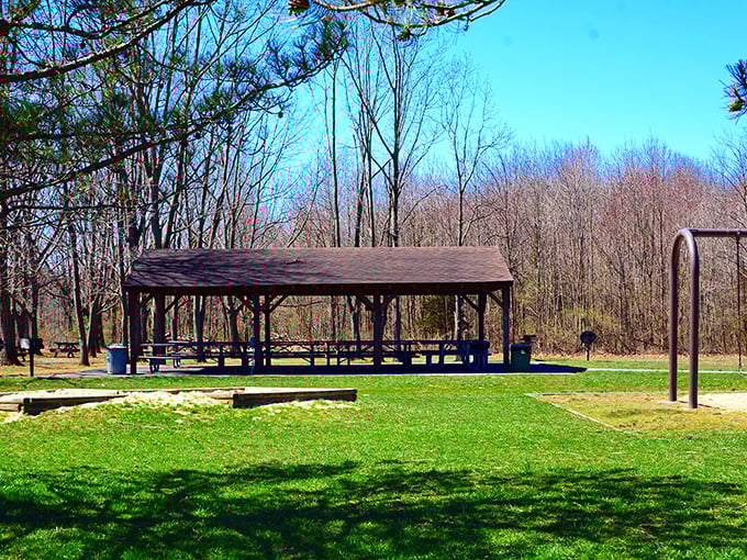 The pavilion stands ready for gatherings, a shelter that has witnessed countless family celebrations, quiet lunches, and sudden summer showers.