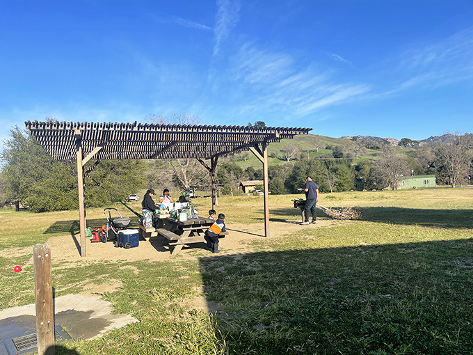 Picnic paradise awaits under this rustic shelter. The perfect spot to refuel after a hike, complete with mountain views that make sandwiches taste better.