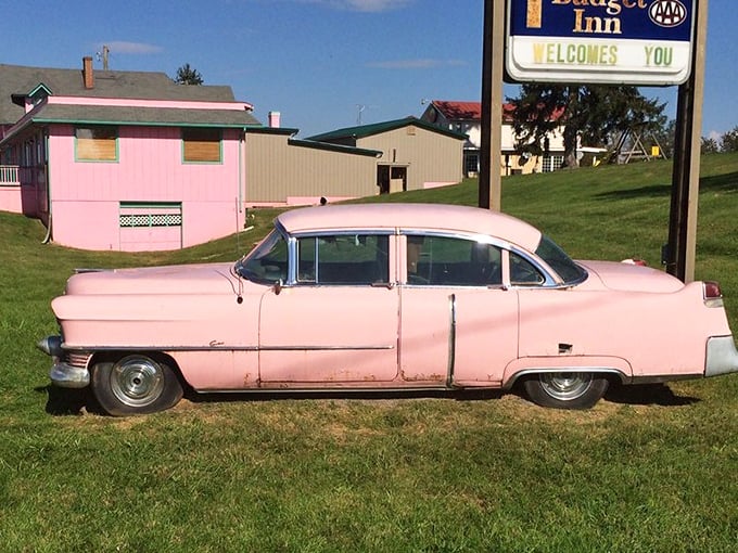 The namesake Cadillac, parked permanently outside, has retired from the road but still turns heads with its perfect pink patina.