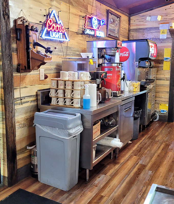 Behind every great country meal is a no-nonsense prep area where coffee flows as freely as the conversation among regulars perched at nearby tables.