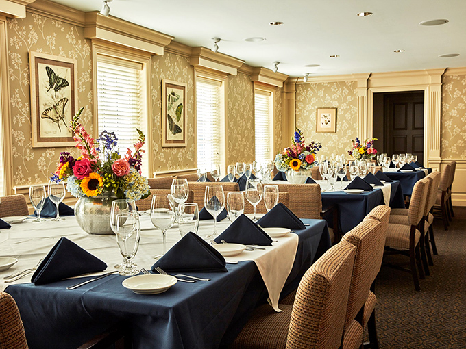 Private dining that whispers "special occasion" without shouting it&mdash;those floral arrangements aren't just decorations, they're conversation starters.