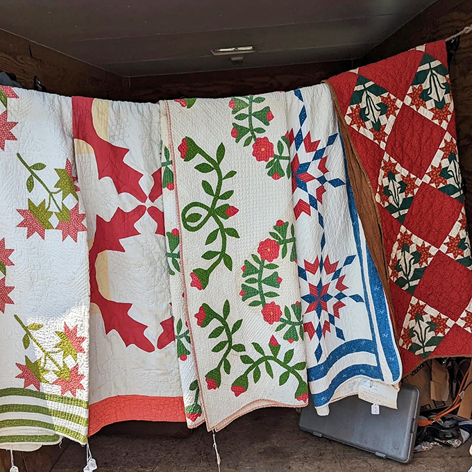 Hand-stitched quilts representing hundreds of hours of craftsmanship. Each stitch a tiny time capsule of someone's patience and creativity.