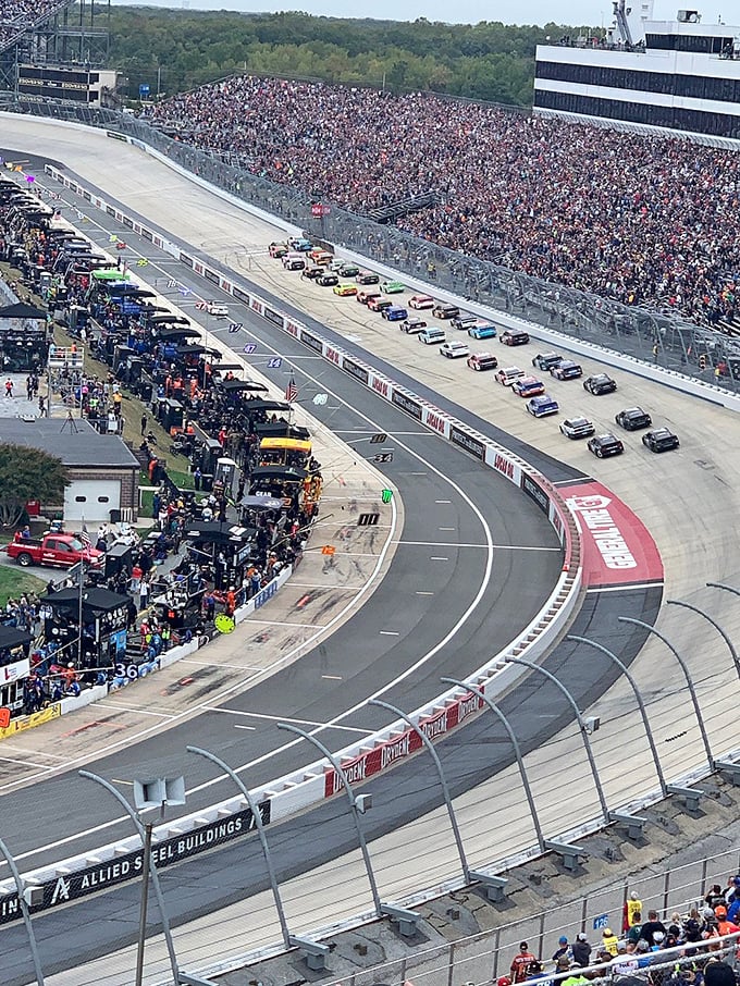 The real magic happens on the track, where drivers battle the Monster Mile's challenging concrete surface at breathtaking speeds.