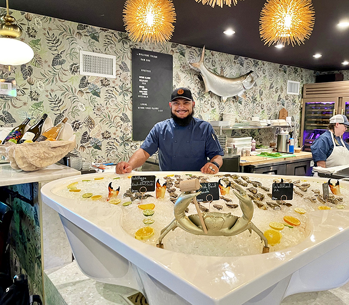 The raw bar display showcases the day's freshest catches, straight from Florida's pristine surrounding waters.