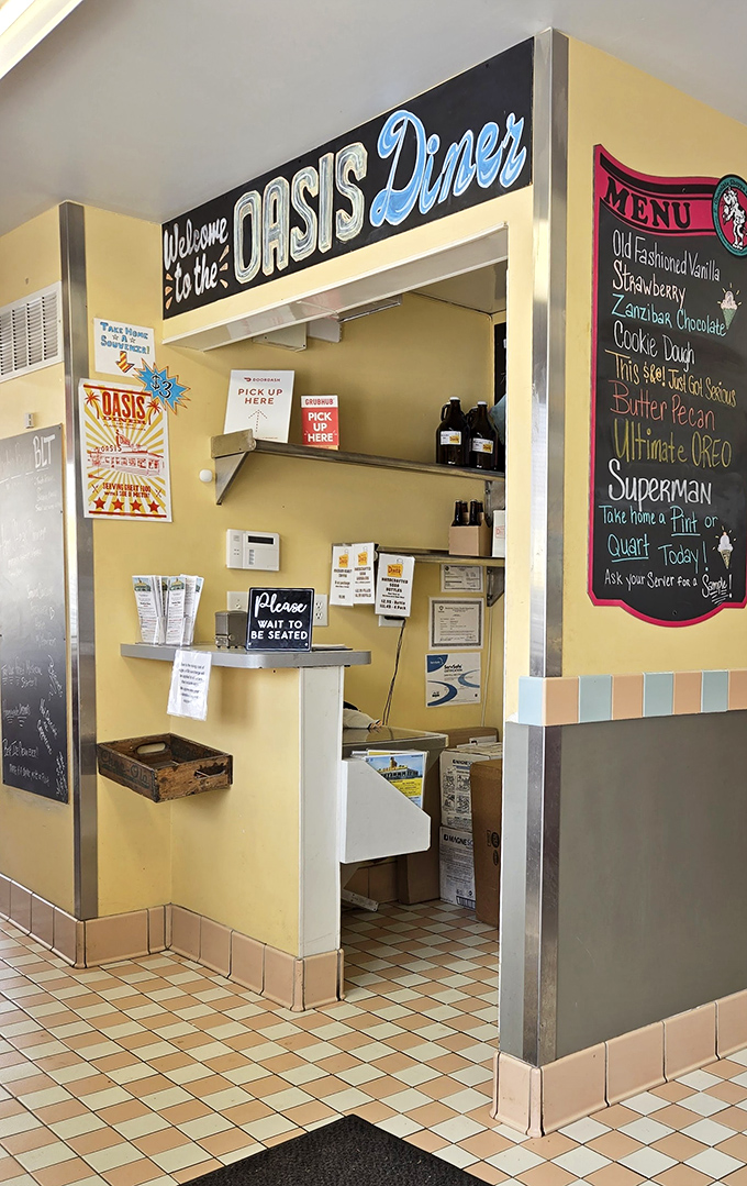 "Welcome to the Oasis Diner" isn't just a sign&mdash;it's a promise. The ice cream flavors listed nearby suggest they take that promise very seriously.