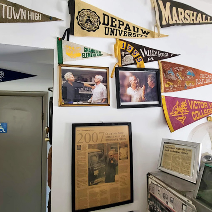 Wall fame that tells stories&mdash;college pennants, newspaper clippings, and photographs that chronicle decades of community connections and memorable visitors.