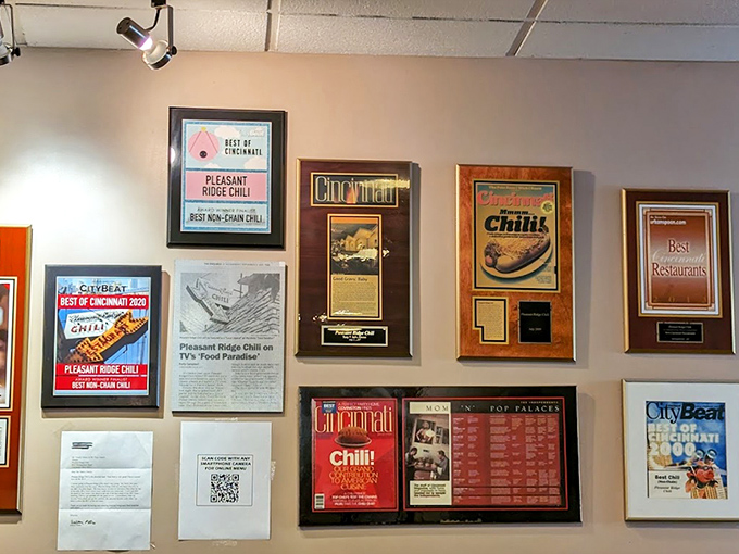 The wall of accolades tells the story – this isn't just locals' favorite chili; it's officially award-winning comfort food that's stood the test of time.