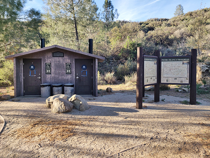Civilization's modest outpost: these rustic facilities might not win architectural awards, but they're a welcome sight for hikers with urgent natural needs.
