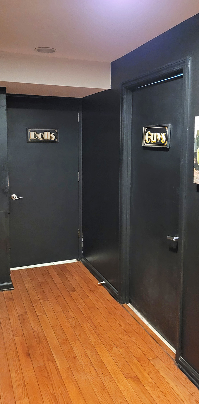Even the restroom signs at Bridget's show personality. "Dolls" and "Guys" – because even a quick break should have character.