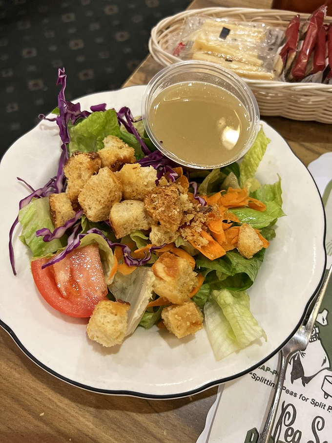 Even the salad gets special treatment, with house-made croutons and a side of their signature broth for extra flavor.
