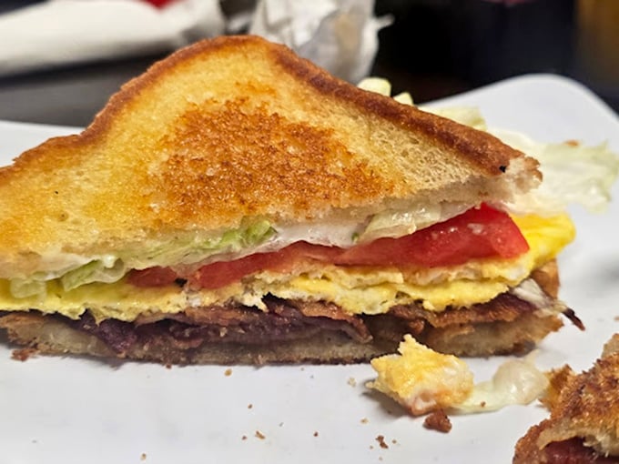 This isn't just a sandwich&mdash;it's architectural perfection with layers of egg, bacon, cheese, and vegetables between perfectly toasted bread that holds its structure with dignity.
