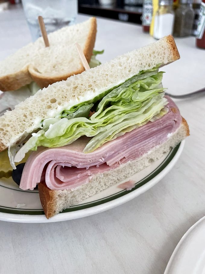The ham sandwich&mdash;architectural perfection between two slices of bread. That stack of meat isn't just lunch, it's a commitment to excellence. 