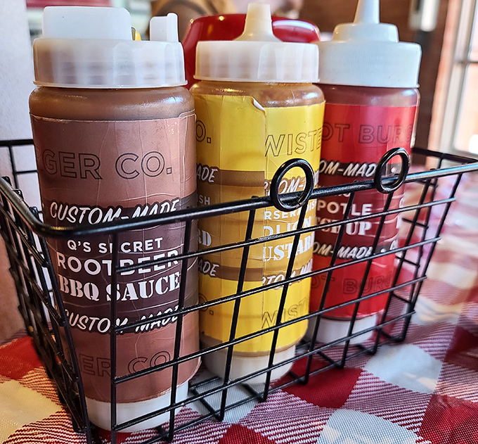 The sauce caddy—where condiment dreams come true. These aren't your supermarket squirt bottles; these are flavor weapons ready for deployment.