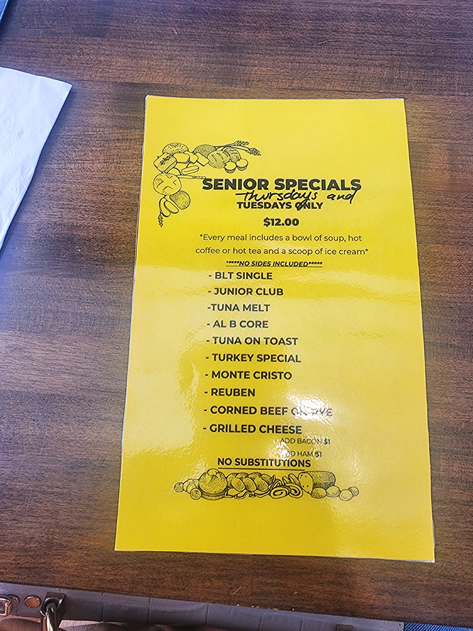 The Senior Specials menu isn't just discounted food&mdash;it's a golden ticket to affordable luxury with soup, coffee, and ice cream included in the deal.