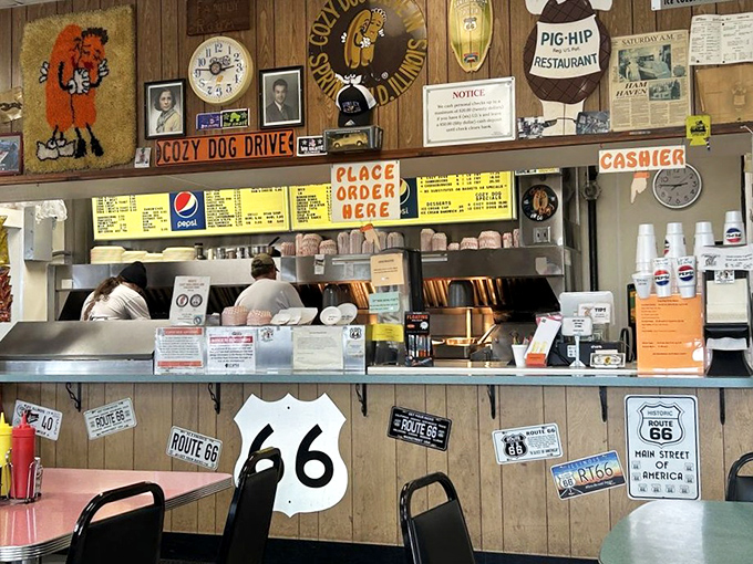 The order counter&mdash;where magic happens with military precision and generations of staff have perfected the art of the Cozy Dog.