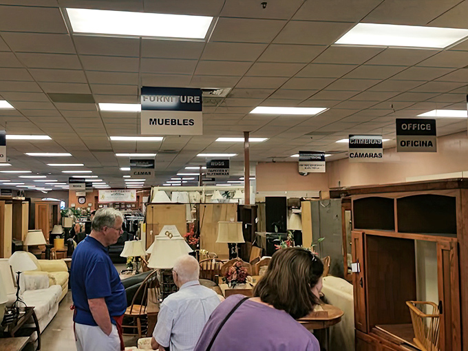 The furniture section draws serious browsers, where mid-century treasures hide among everyday tables and chairs.