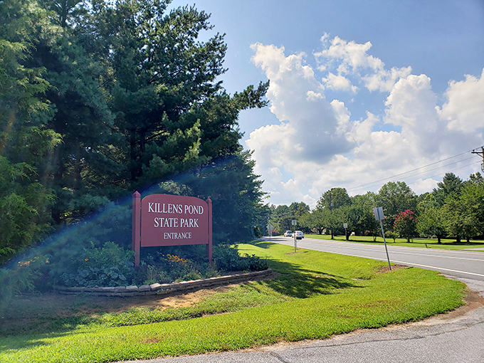 The sign says Killens Pond State Park, but it might as well read "Stress-Free Zone Ahead: All Worries Temporarily Suspended."
