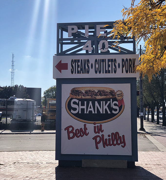 "Best in Philly" isn't just a slogan&mdash;it's a promise. This sign points the way to cheesesteak nirvana at Pier 40. 