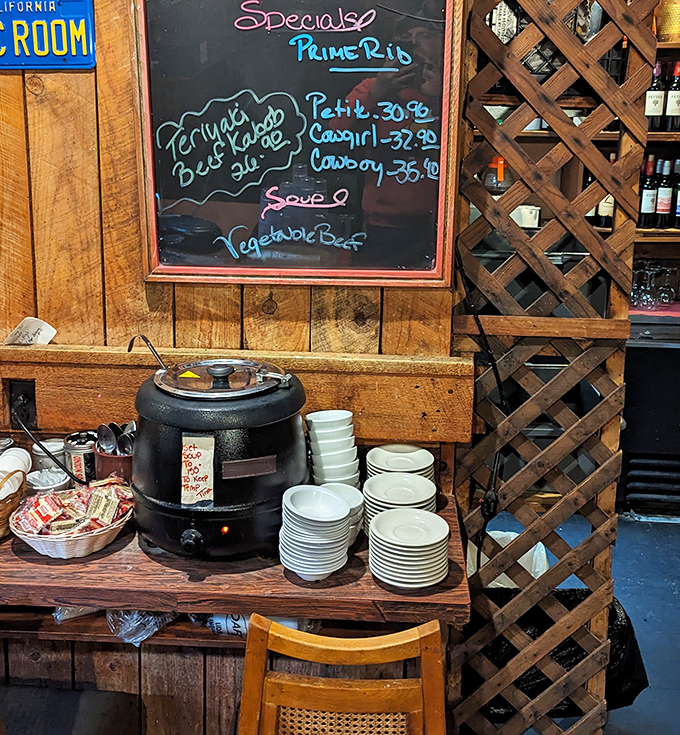 The daily specials board and soup station&mdash;where "Prime Rib" written in neon-colored chalk becomes the most beautiful phrase in the English language.