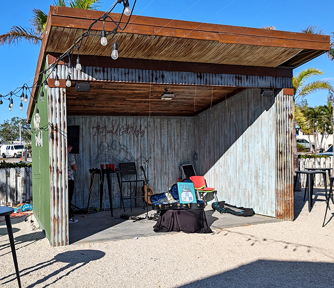 This rustic performance space might look humble by day, but when night falls and the strings light up, it becomes Holmes Beach's hottest venue.
