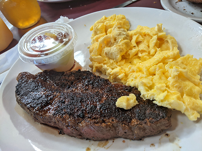 A steak and eggs plate that answers the eternal question: "Why can't breakfast be dinner and dinner be breakfast?"
