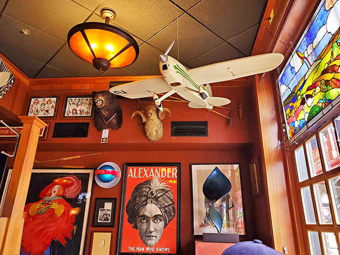 Where else can you dine beneath a model airplane, vintage posters, and what appears to be a stuffed monkey? Eclectic doesn't begin to cover it. 