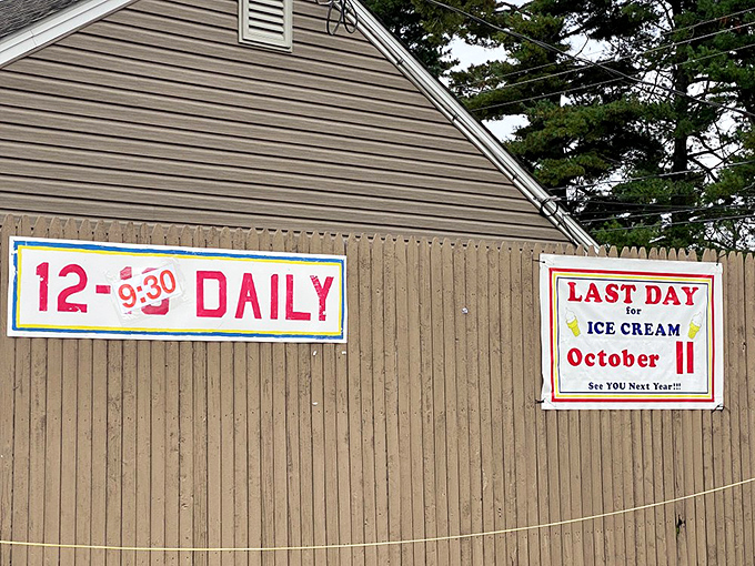 The bittersweet sign announcing closing day reminds us that, like summer romance, ice cream season is fleeting but worth the heartache.
