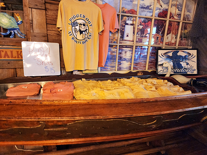 T-shirts displayed in an actual boat – because when seafood's this good, you'll want the souvenir to prove you were there.