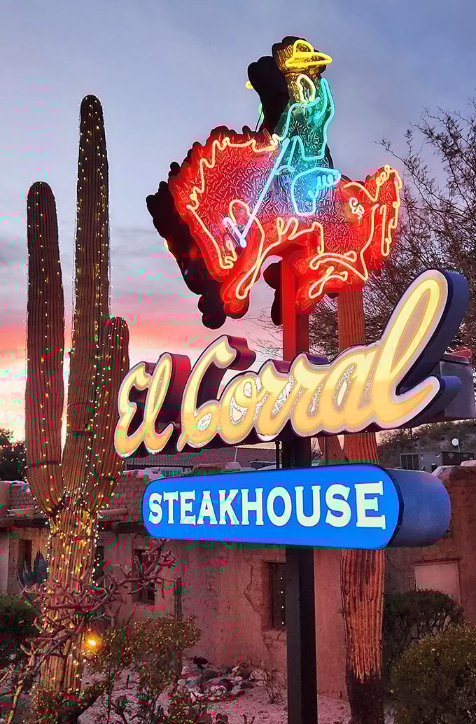 The neon cowboy rides eternally above El Corral, a beacon of hope for the hungry and a landmark for generations of Tucsonans.