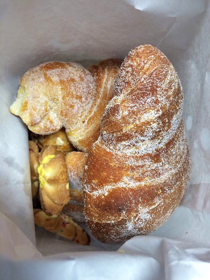 A paper bag treasure trove! These sugar-dusted pastries twist and turn like edible sculptures, each one promising a different textural adventure.