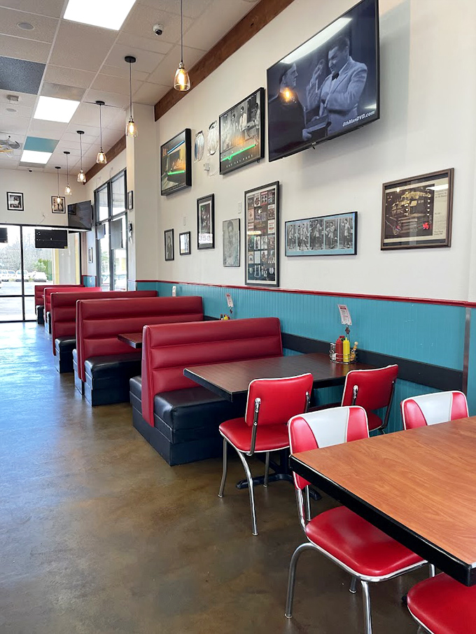 Classic diner booths where countless first dates, family celebrations, and food comas have occurred. These red vinyl seats have heard more stories than a bartender.