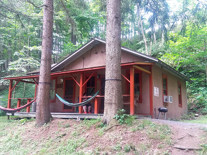The cozy red cabin offers a perfect spot to unwind after your underground adventure &ndash; hammock included for contemplating what lies beneath.