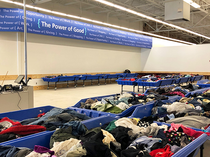 The famous blue bins&mdash;thrift shopping's version of panning for gold. Serious shoppers approach these textile-filled troughs with the focus of Olympic athletes.