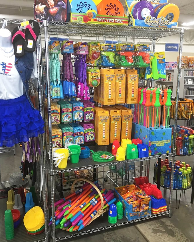 Summer fun central! From flying discs to bubble wands, this rack holds childhood joy at prices that won't burst a parent's budget.