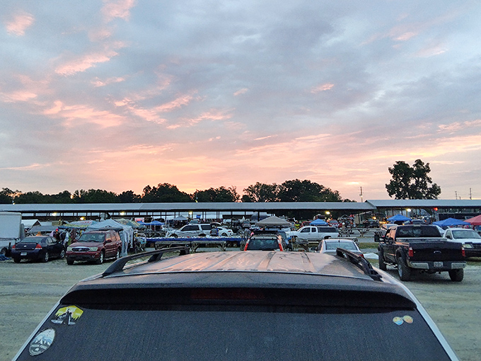 Sunset casts a golden glow over rows of vendor stalls. As day winds down, the parking lot tells the story of just how popular this North Georgia destination really is.