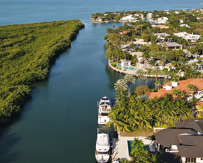 Mangroves meet million-dollar homes along the waterways, creating a uniquely Floridian blend of wild nature and cultivated luxury.