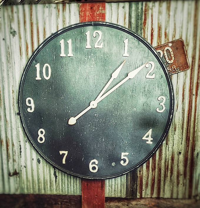 This weathered wall clock doesn't just tell time&mdash;it reminds us that patina is earned, not manufactured. Every scratch and fade marks a moment lived.