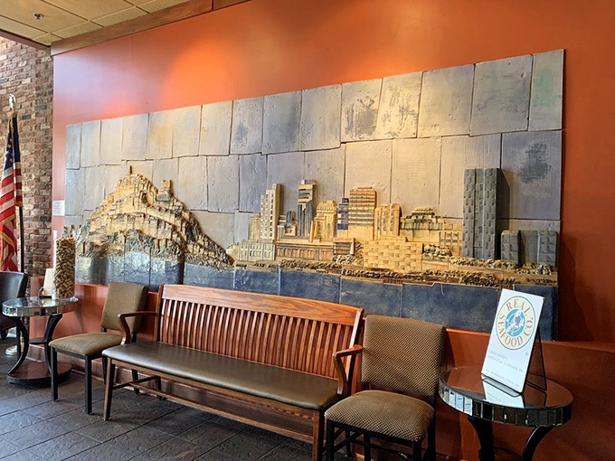 A stunning cityscape mural reminds you that you're in Toledo&mdash;a city that knows great seafood doesn't require an ocean view.