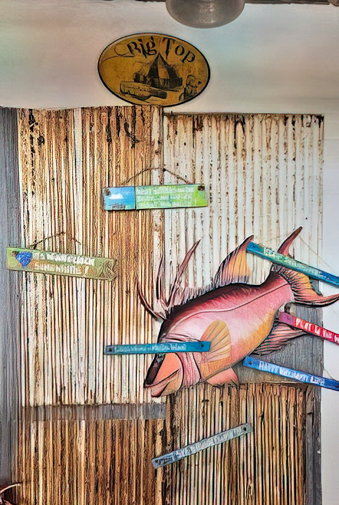 Colorful wall art celebrating the Gulf's bounty, proving that authentic character beats corporate decorating every time.