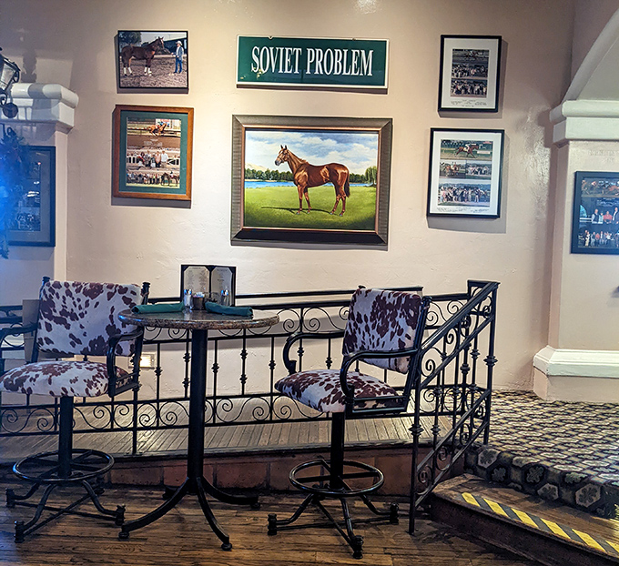 Not just d&eacute;cor&mdash;a history lesson in California ranching culture. Those cowhide chairs have seen things, my friends.