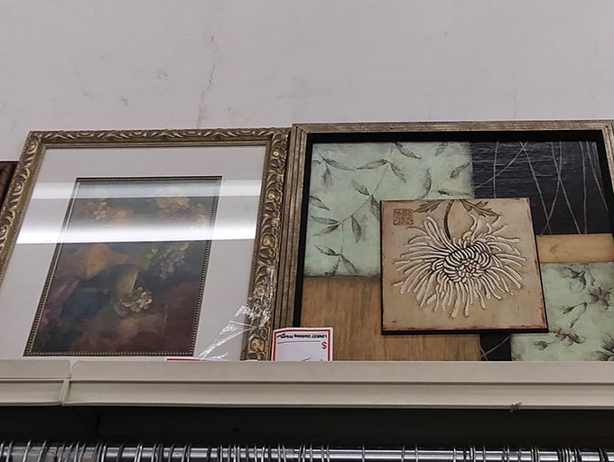 Wall art with previous lives waits for new homes to adorn&mdash;that floral piece might be just what your guest bathroom has been missing.