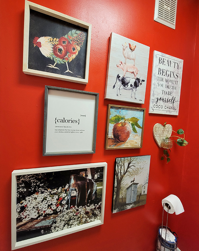 Even the bathroom wall art celebrates food with whimsy&mdash;because at The Rooster, the culinary appreciation extends to every corner.