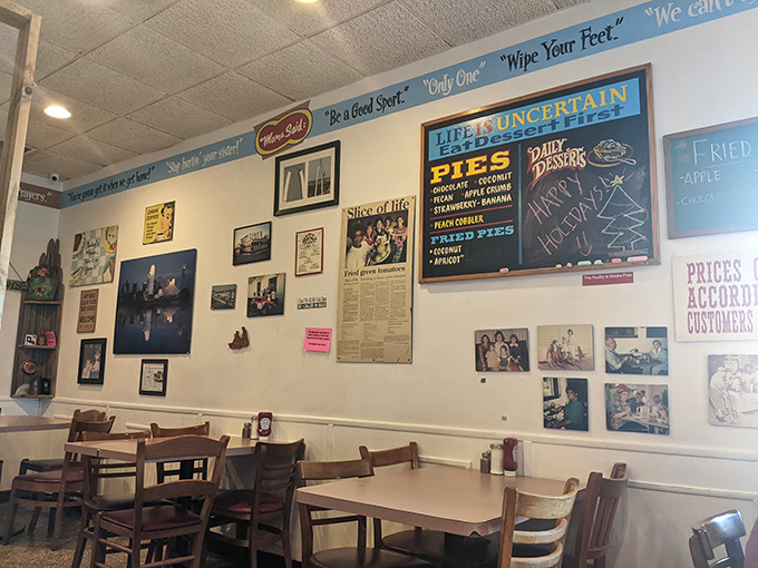 The wall of memories and pie announcements tells you everything you need to know: life is uncertain, eat dessert first.