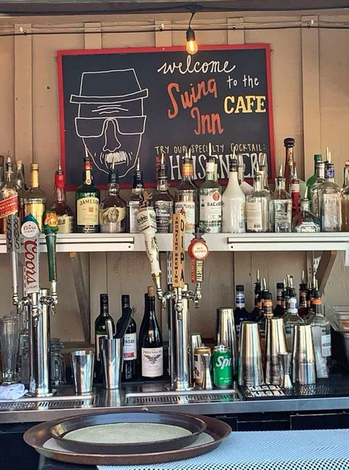 The bar's welcome sign pays homage to a certain chemistry teacher turned entrepreneur. Their specialty cocktail probably knocks harder than someone saying your name.